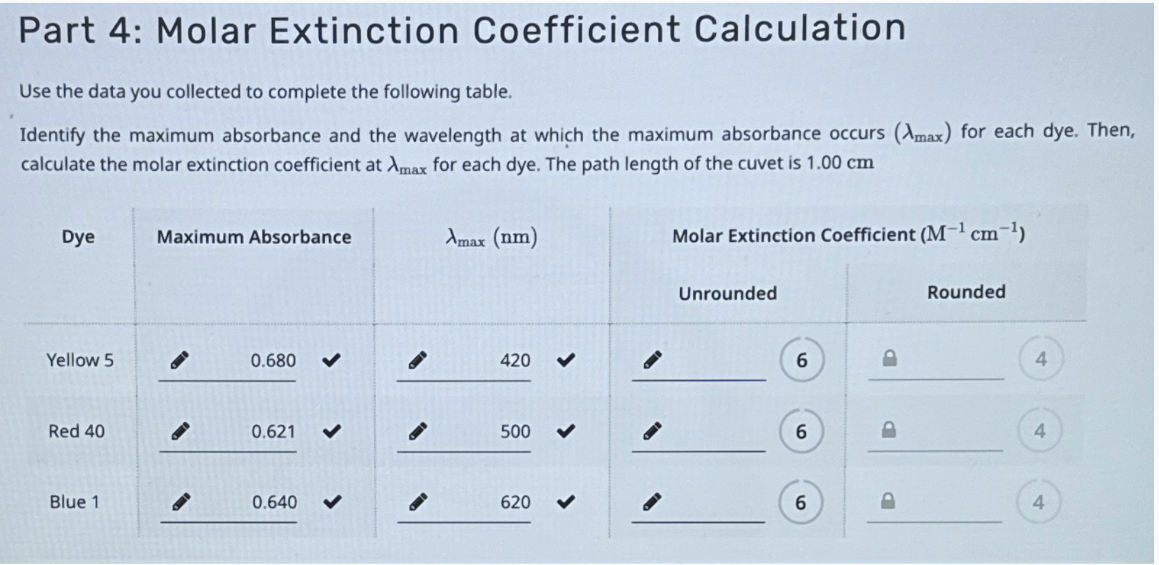 Part 4: Molar Extinction Coefficient CalculationUse | Chegg.com