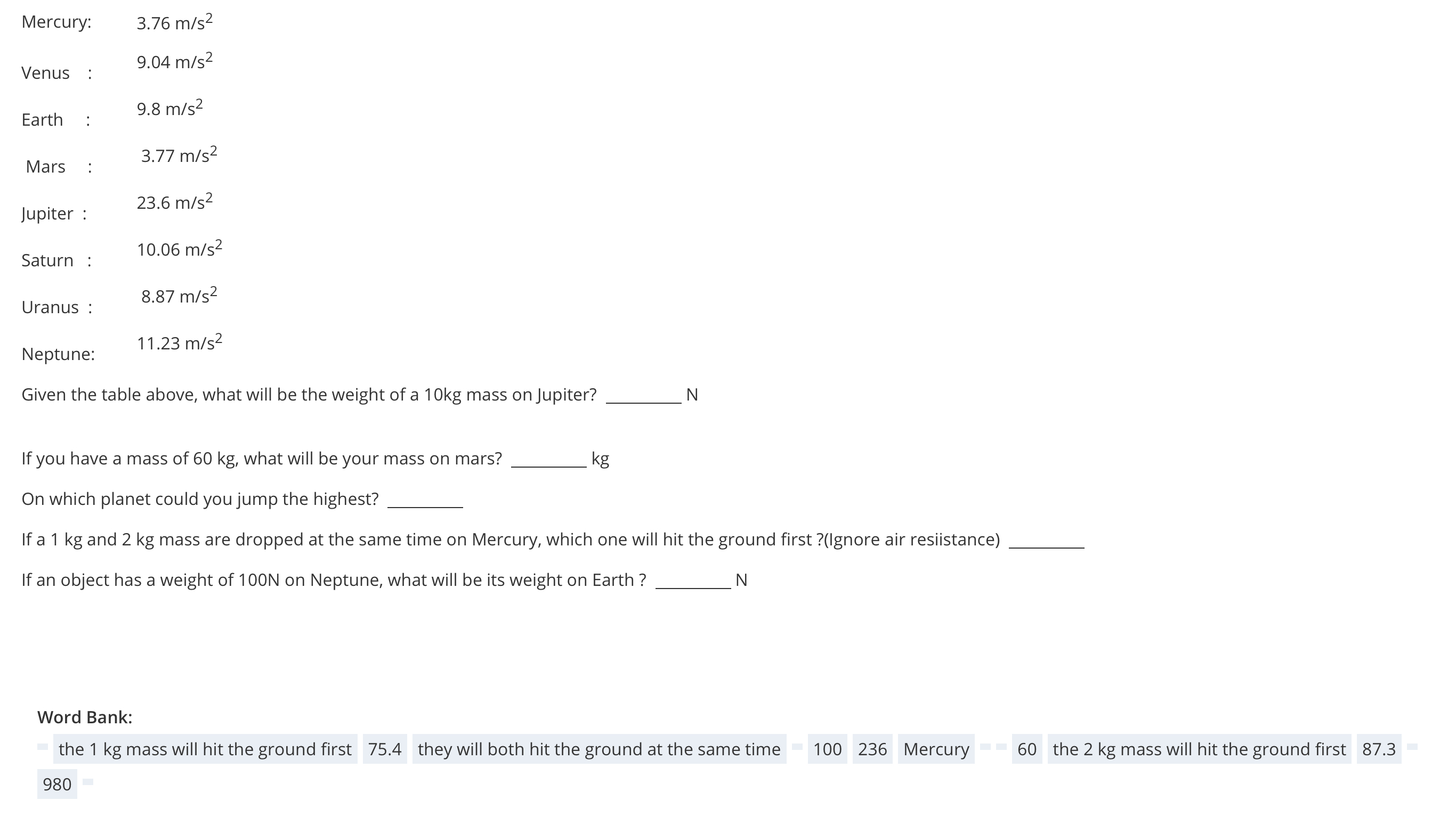 Solved Given the table above, what will be the weight of a | Chegg.com