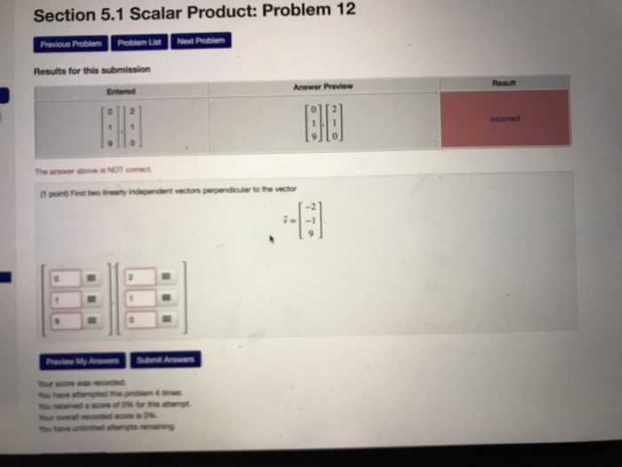 Solved Section 5.1 Scalar Product: Problem 12 Previous | Chegg.com