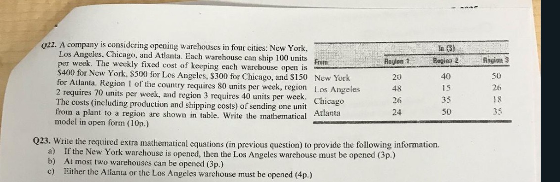 Solved Q22. ﻿A company is considering opening warehouses in | Chegg.com