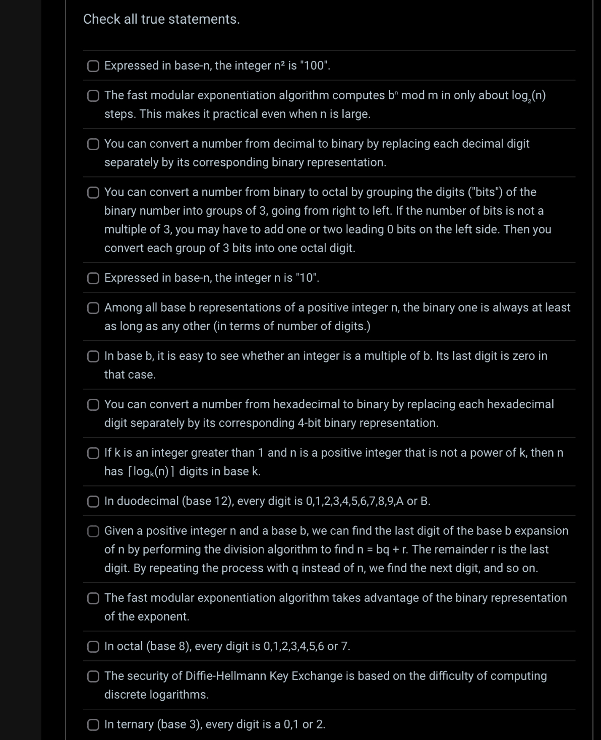 Solved Check all true statements.Expressed in base-n, ﻿the | Chegg.com