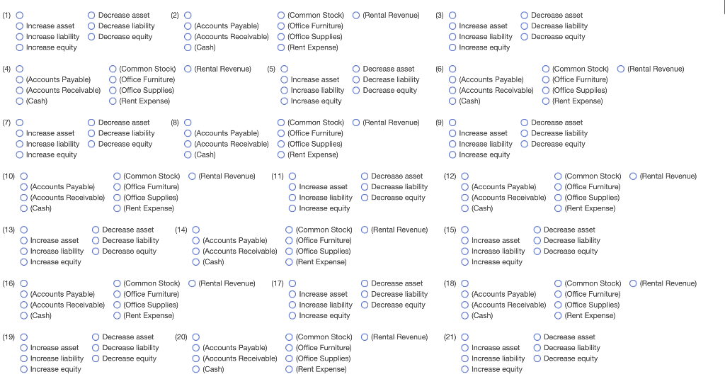 Solved (1) O (3) O Increase asset Increase liability | Chegg.com