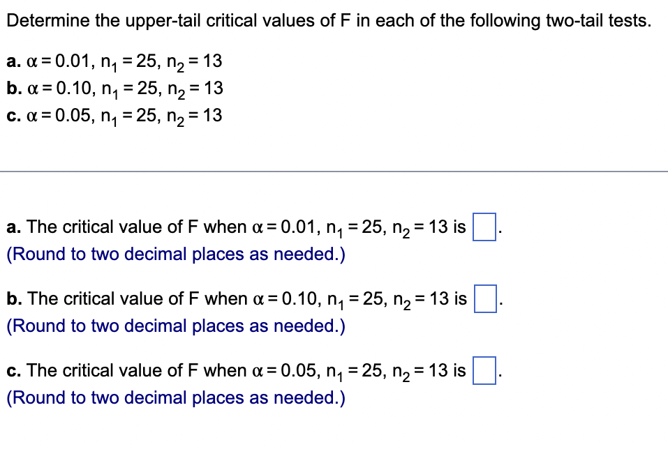 Solved Determine the upper-tail critical values of F in each | Chegg.com
