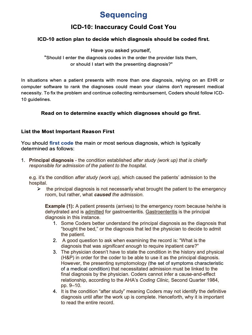 Solved Sequencing ICD-10: Inaccuracy Could Cost You ICD-10 | Chegg.com