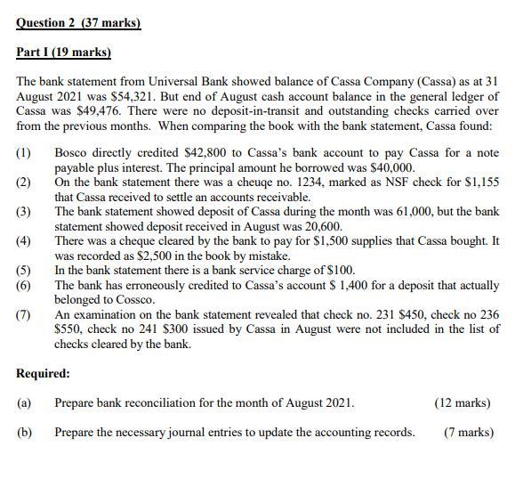 Solved The bank statement from Universal Bank showed balance | Chegg.com