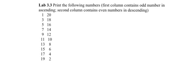 Solved Lab 3.3 Print the following numbers (first column | Chegg.com