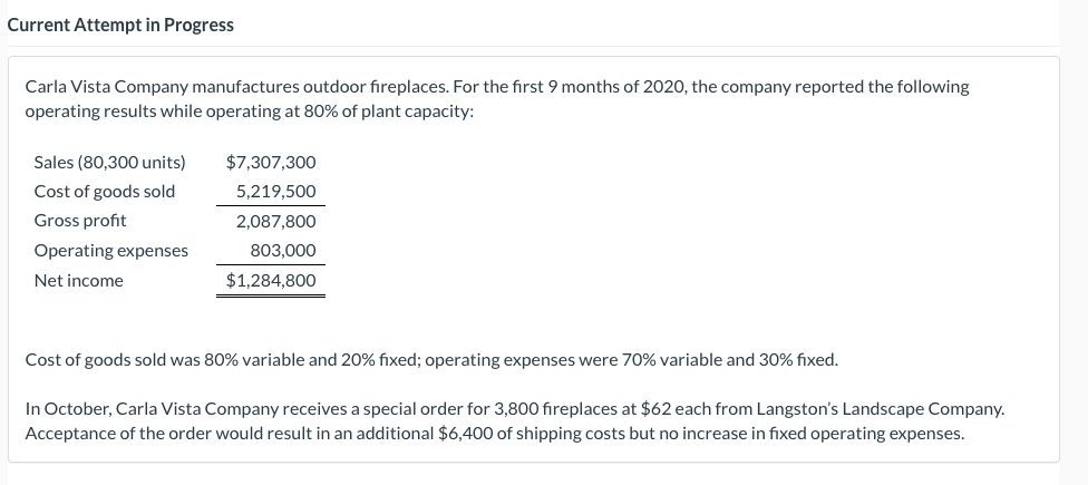 Solved Current Attempt in Progress Carla Vista Company | Chegg.com