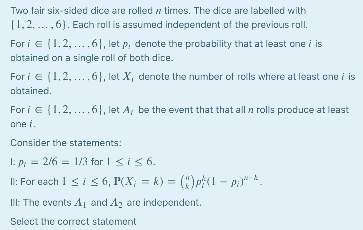 Solved Two fair six-sided dice are rolled n times. The dice | Chegg.com