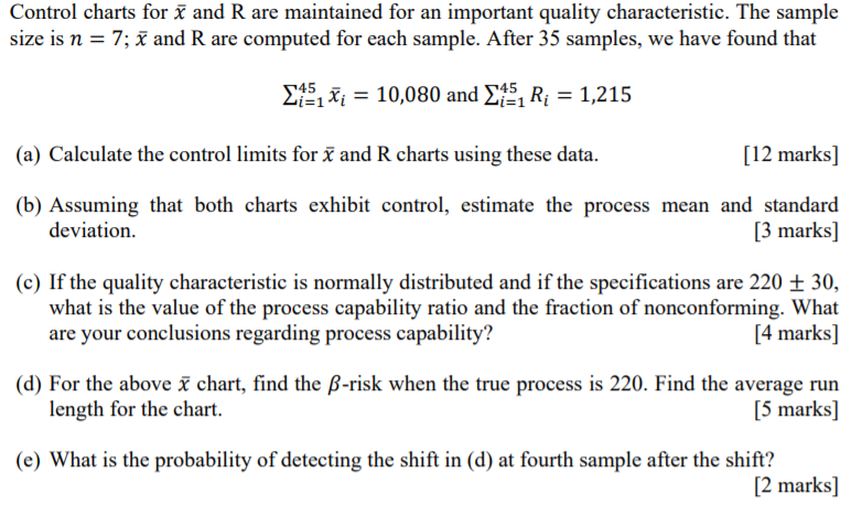 Solved Control charts for i and R are maintained for an | Chegg.com