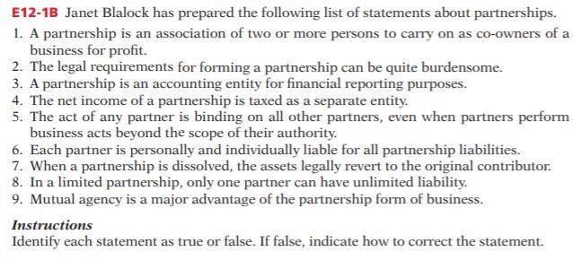 Solved E12-1B Janet Blalock has prepared the following list | Chegg.com