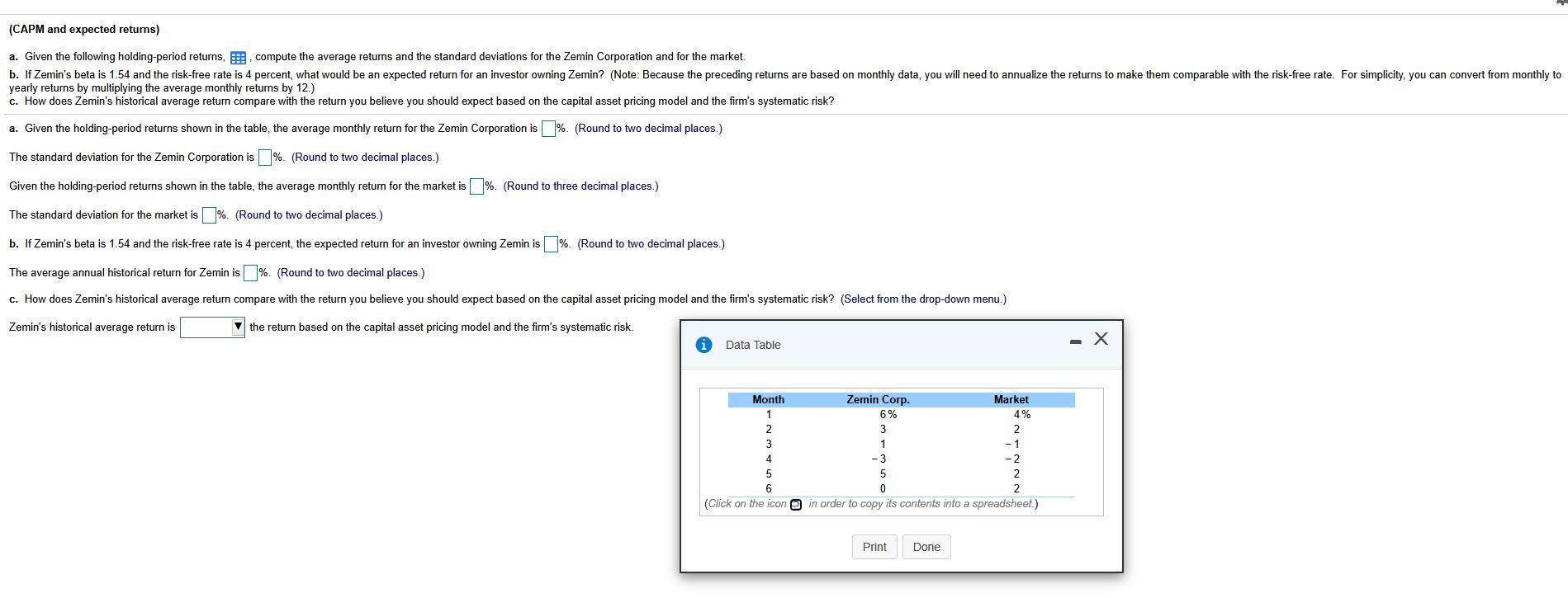 Solved (CAPM and expected returns) a. Given the following | Chegg.com