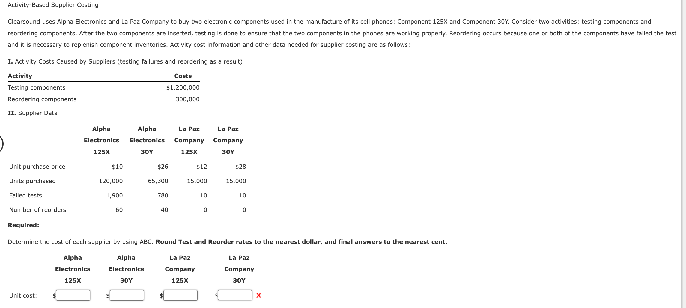 Solved Activity-Based Supplier Costing and it is necessary | Chegg.com