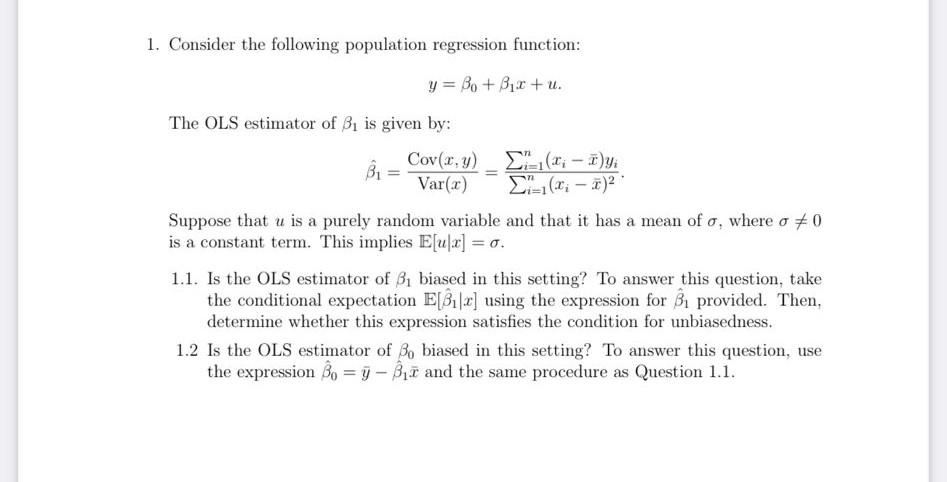 Solved 1. Consider the following population regression | Chegg.com