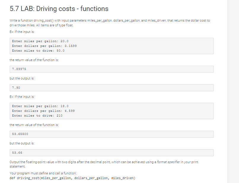 Solved Write A Function Driving Cost O With Input Parameters