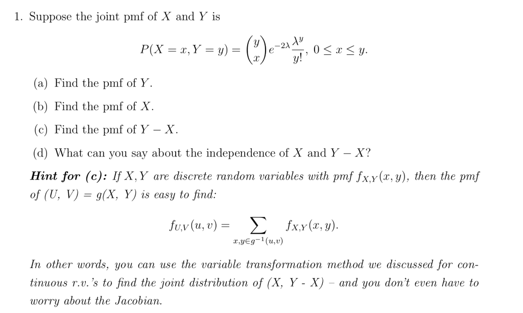 Solved 1. Suppose the joint pmf of X and Y is P(X = x, Y = | Chegg.com