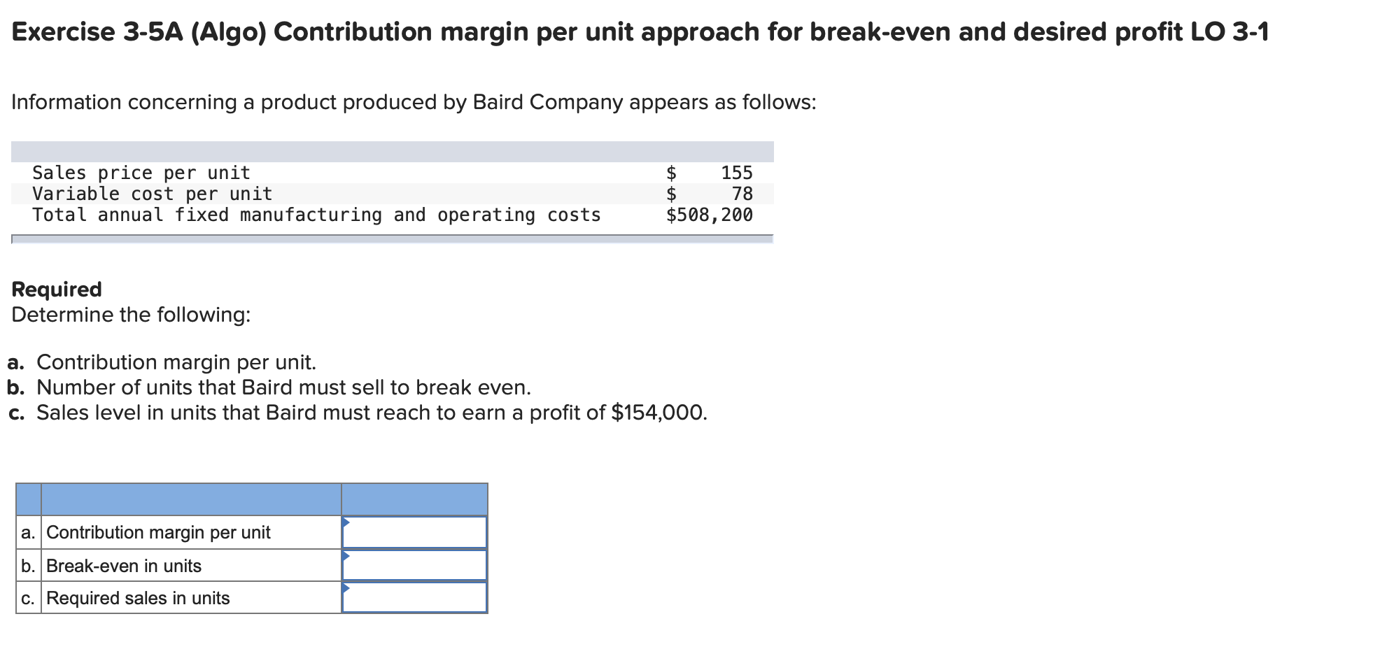 Solved Exercise 3-5A (Algo) Contribution margin per unit | Chegg.com
