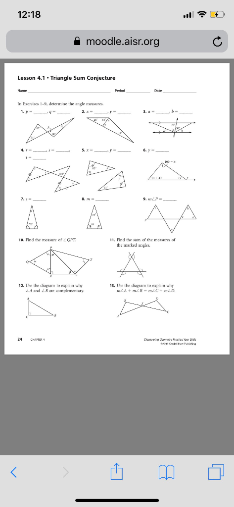 Solved 12:18 a moodle.aisr.org Lesson 4.1 Triangle Sum | Chegg.com