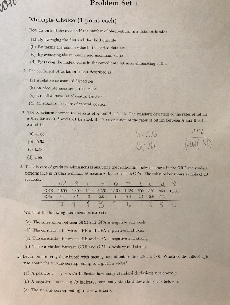 Solved Problem Set 1 1 Multiple Choice (1 point each) 1. How | Chegg.com