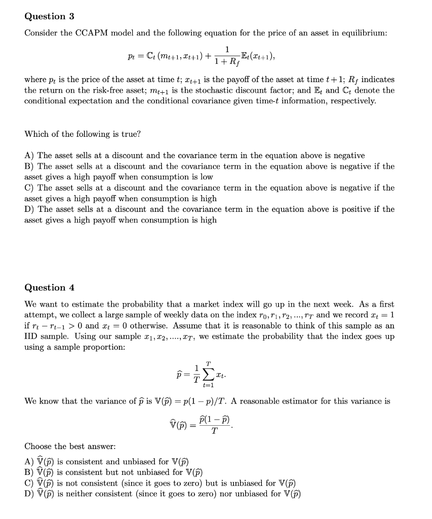 Solved Question 3 Consider the CCAPM model and the following | Chegg.com