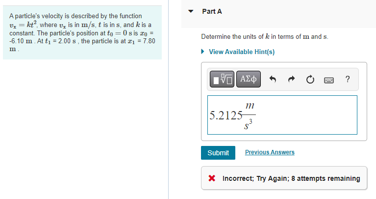 Solved A particle's velocity is described by the function | Chegg.com