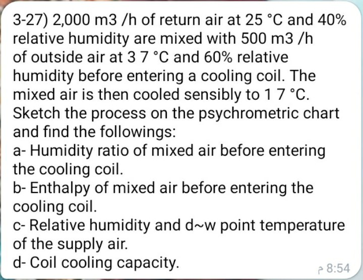 Solved 3-27) 2,000 m3/h of return air at 25 °C and 40% | Chegg.com
