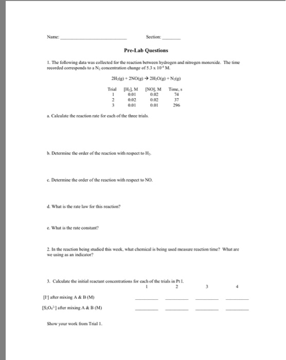 Solved Name: Section Pre-Lab Questions . The following data | Chegg.com