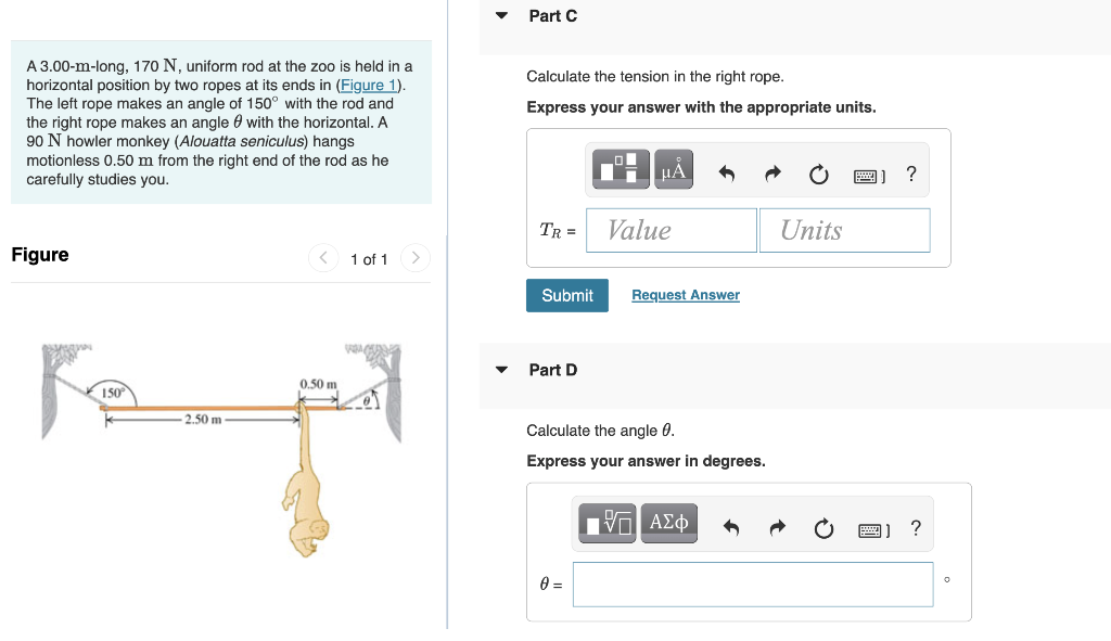 Solved A 3.00-m-long, 170 N, uniform rod at the zoo is held | Chegg.com