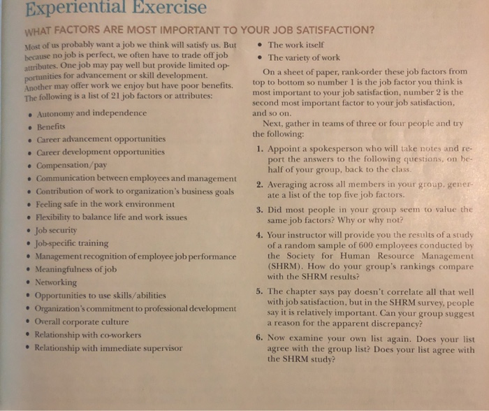 Experiential Exercise WHAT FACTORS ARE MOST IMPORTANT | Chegg.com