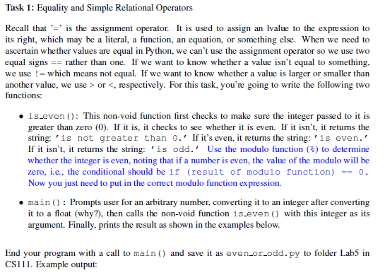 Solved Task 1: Equality and Simple Relational Operators | Chegg.com