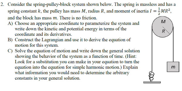 Solved Consider the spring-pulley-block system shown below. | Chegg.com