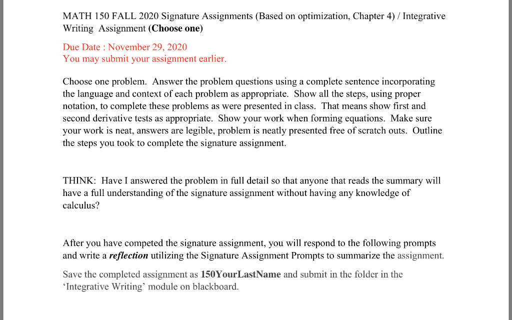 MATH 150 FALL 2020 Signature Assignments (Based on | Chegg.com