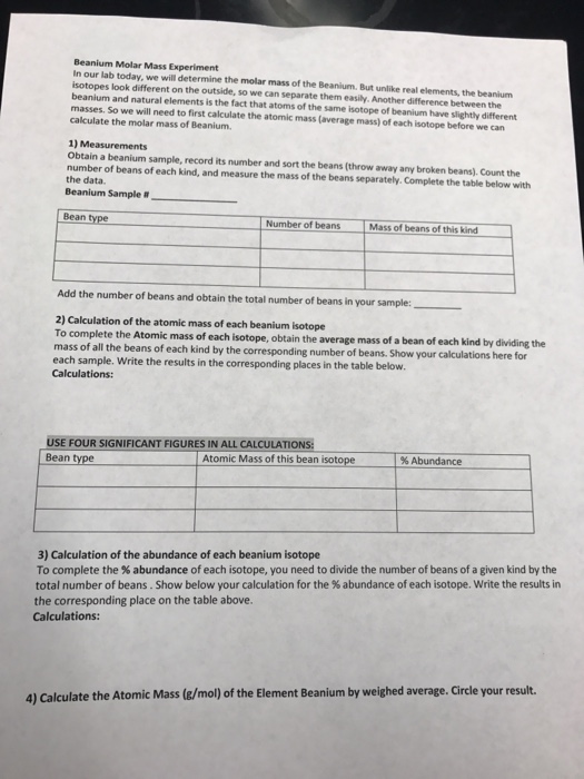Beanium Molar Mass Experiment In our lab today, we | Chegg.com