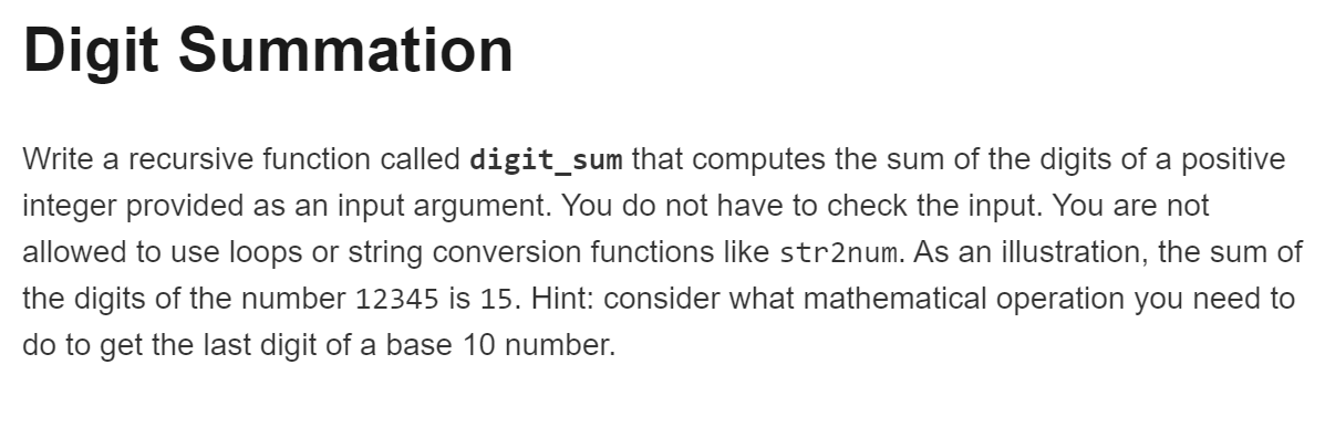 Solved Digit Summation Write a recursive function called | Chegg.com