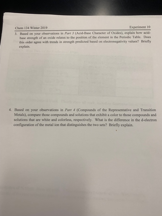 Chem 134 Winter 2019 Part 3. Acid-Base Character of | Chegg.com