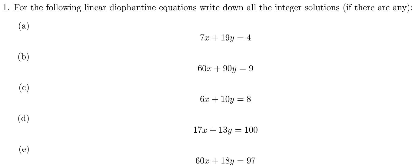 Solved 1. For the following linear diophantine equations | Chegg.com