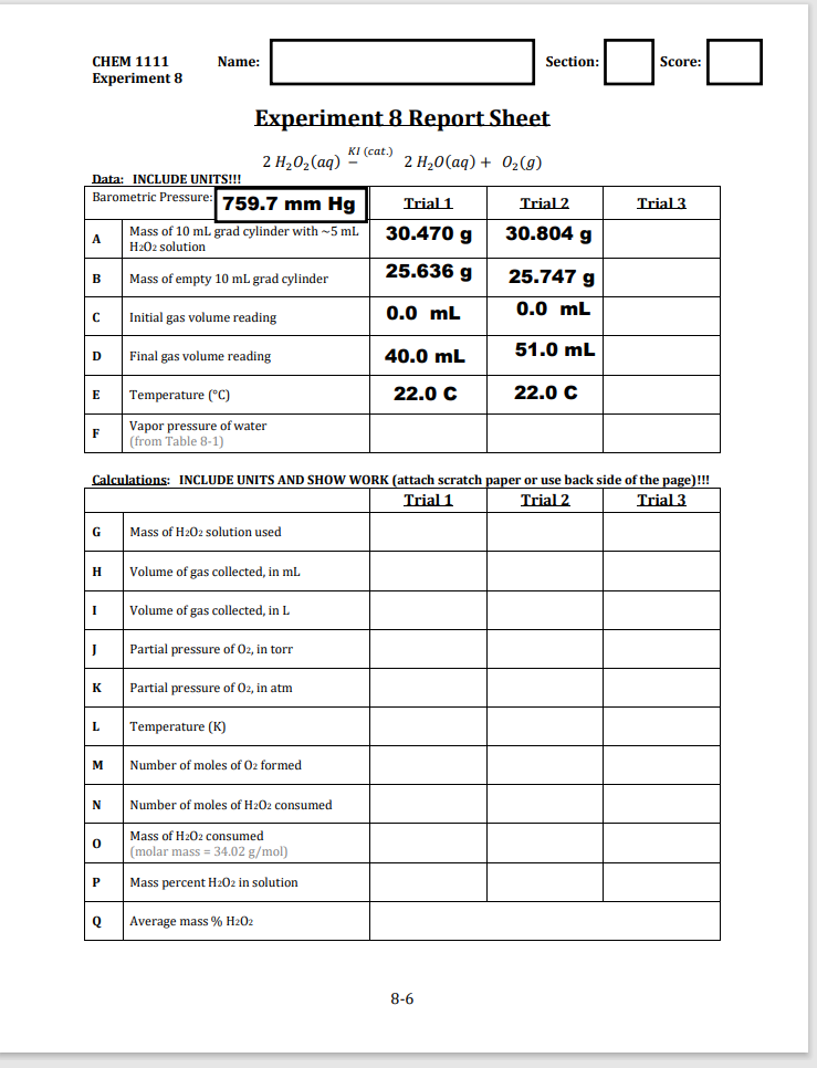 Solved Name: Section: Score: CHEM 1111 Experiment 8 | Chegg.com Solved Name: Section: Score: CHEM 1111 Experiment 8 | Chegg.com