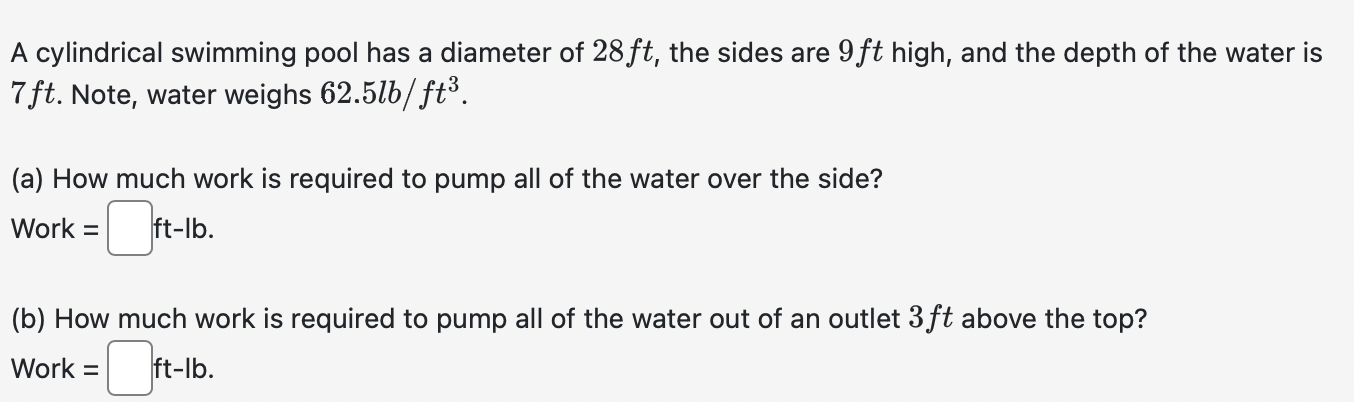 Solved A cylindrical swimming pool has a diameter of 28ft, | Chegg.com