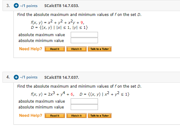Solved 3. + -/1 points sCalcET8 14.7.033. Find the absolute | Chegg.com
