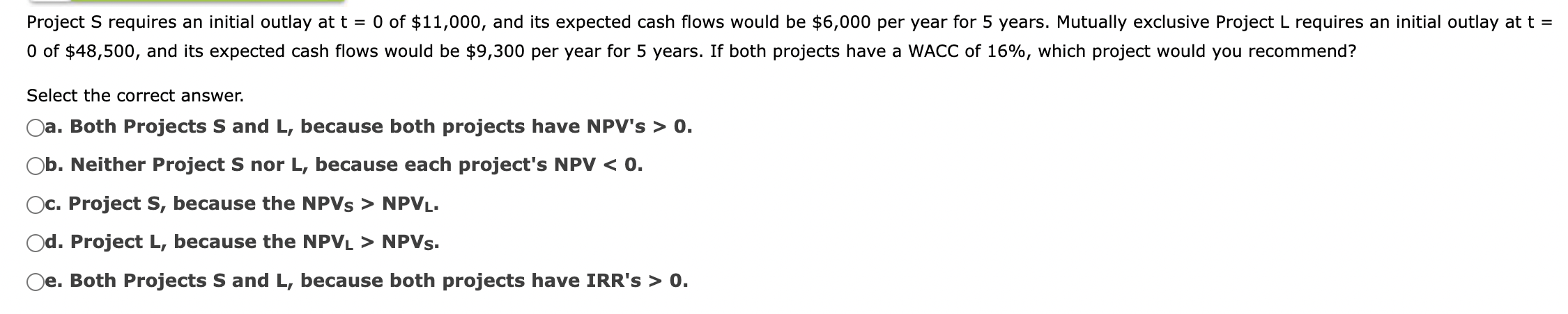 Solved Project S requires an initial outlay at t=0 of | Chegg.com
