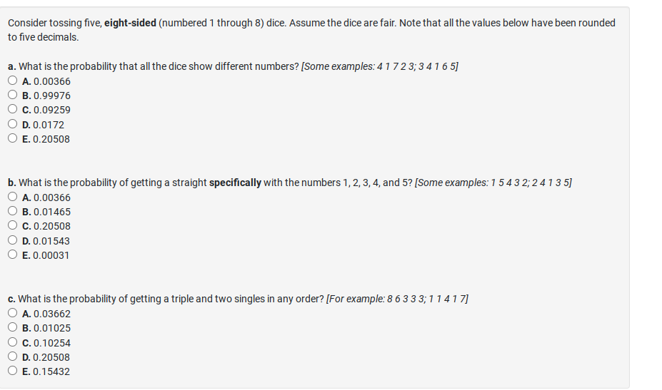 Solved Consider tossing five, eight-sided (numbered 1 | Chegg.com