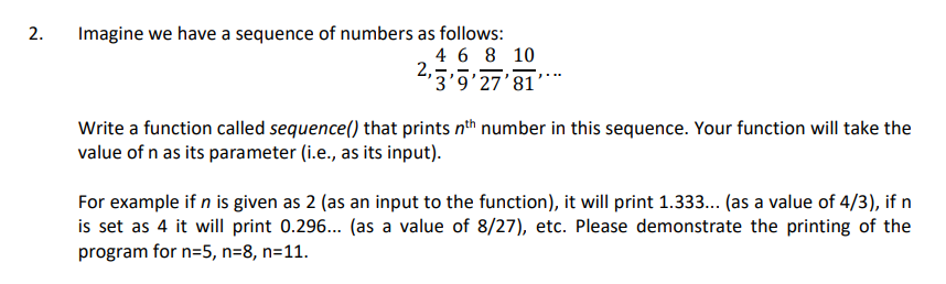 Solved 2. Imagine we have a sequence of numbers as follows: | Chegg.com