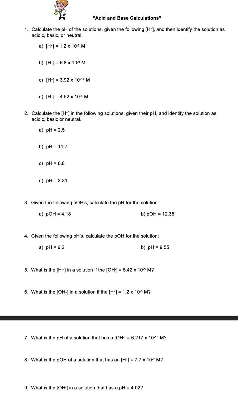 Solved "Acid and Base Calculations" 1. Calculate the pH of | Chegg.com
