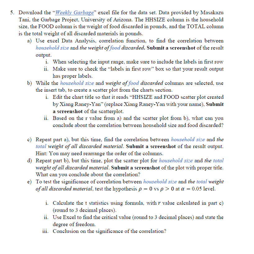 Solved Download the "Weekly Garbage" excel file for the data | Chegg.com