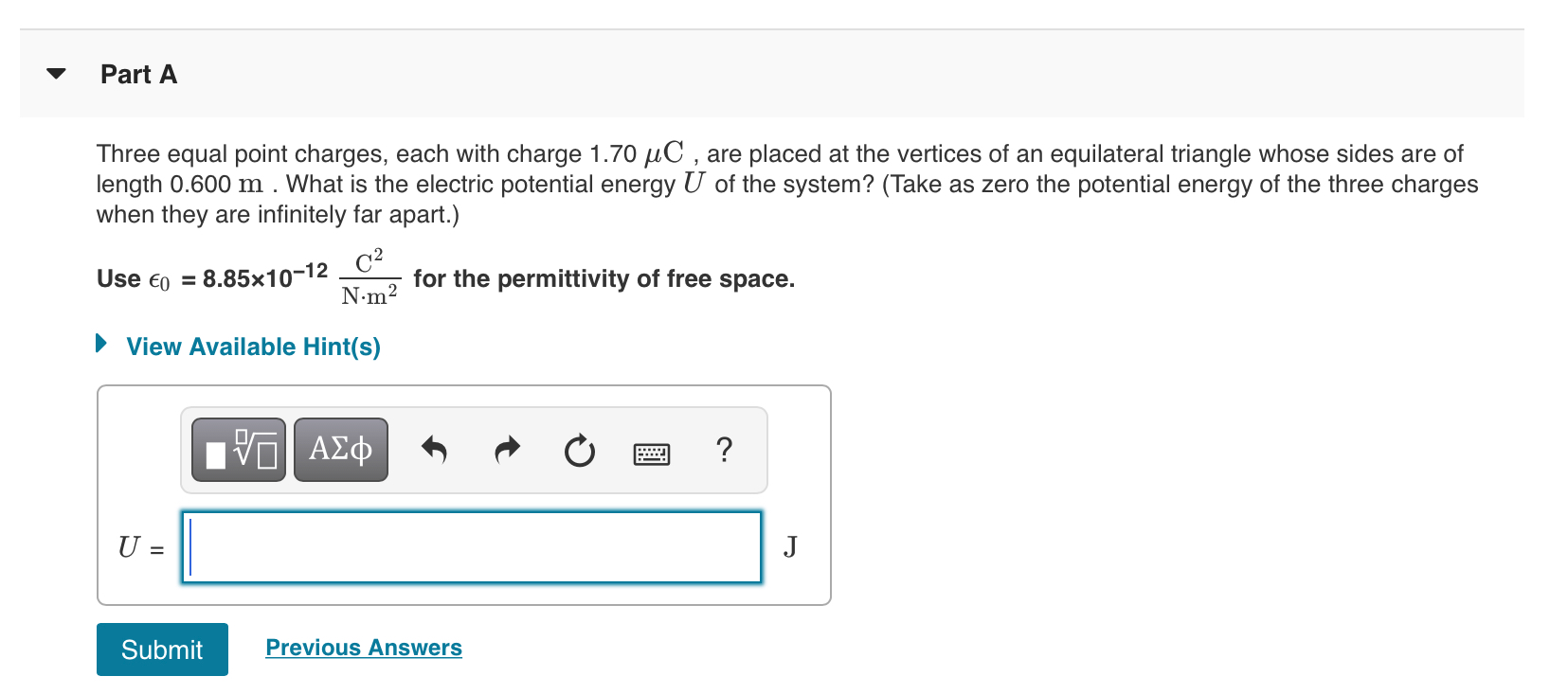 Solved Part A Three equal point charges, each with charge | Chegg.com