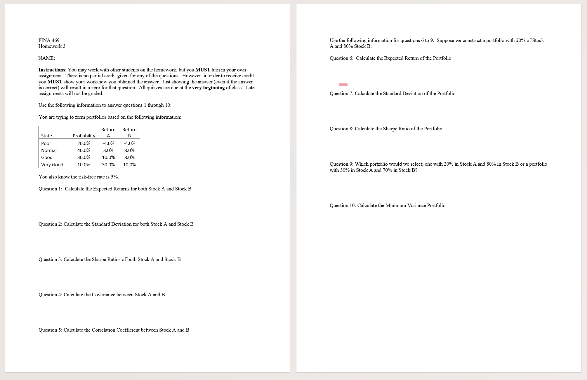 Solved Questions 6-10: Calculate the Expected return of the | Chegg.com