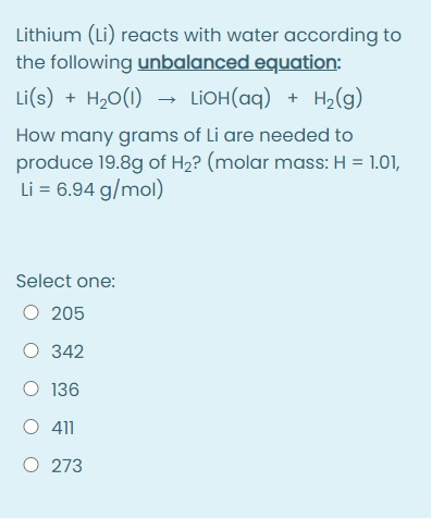 Solved Lithium (Li) reacts with water according to the | Chegg.com
