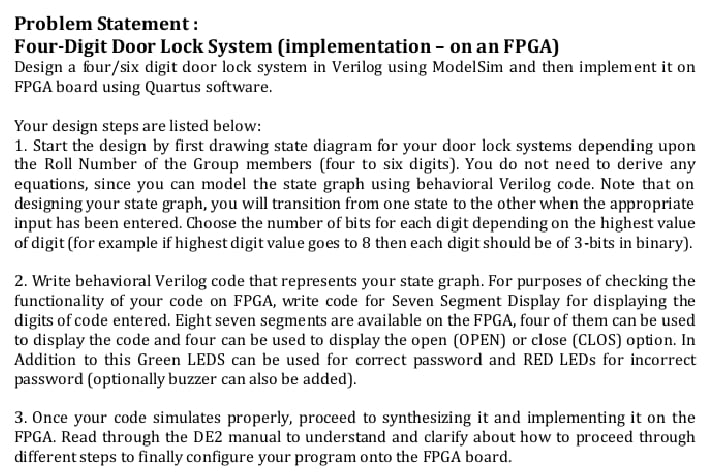 Solved Four-Digit Door Lock System (implementation – on an | Chegg.com