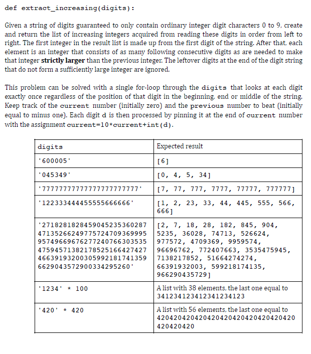 Solved def extract_increasing (digits): Given a string of | Chegg.com