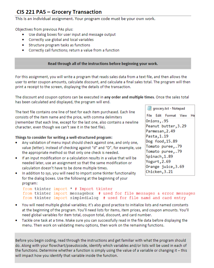 CIS 221 PA5 - Grocery Transaction This is an | Chegg.com