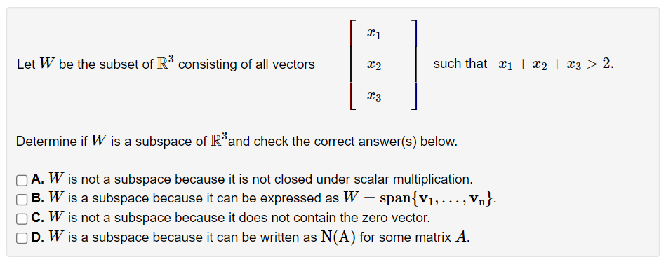 Solved Let W be the subset of R3 consisting of all vectors | Chegg.com